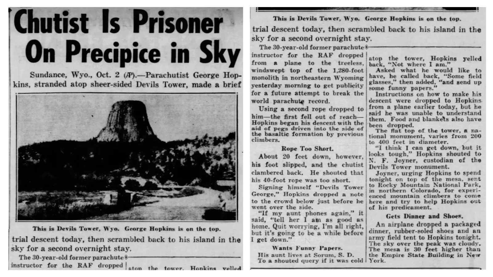 Wyoming History: A Parachuter Once Got Stuck Five Days On Top Of Devils ...